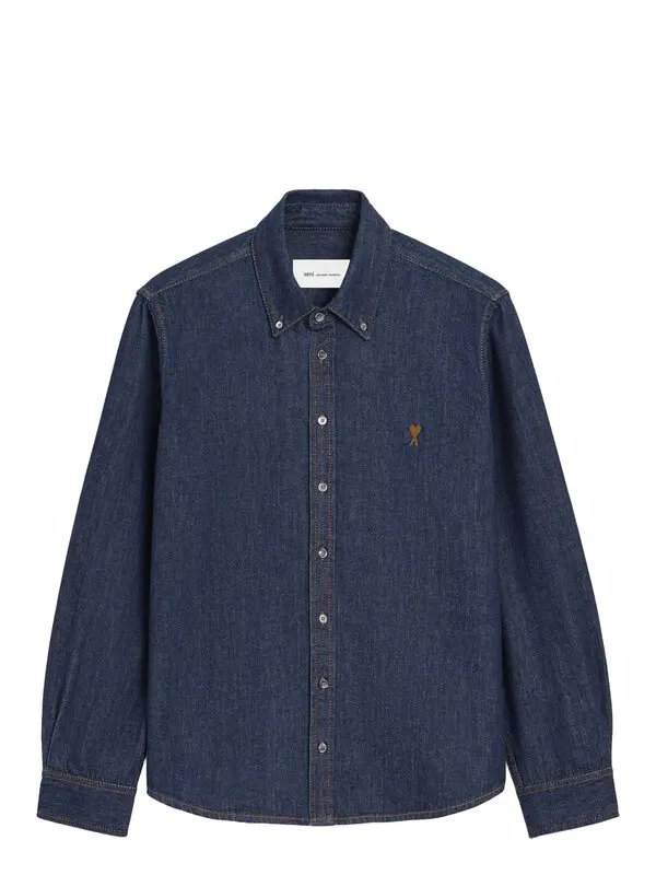 AMI Paris Blue Denim Cotton De Coeur Shirt Blue - Indigo
