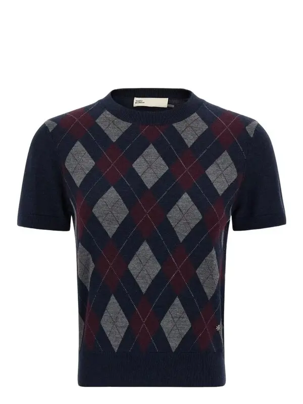 Tory Burch Short-sleeve Argyle Knitted Sweater - Blue