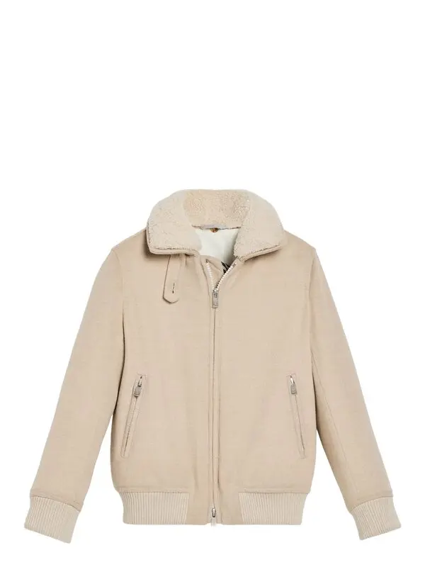 Brunello Cucinelli Virgin Wool Beaver Cloth Aviator Jacket With Thermore Padding And Shearling Insert - Sand-colored