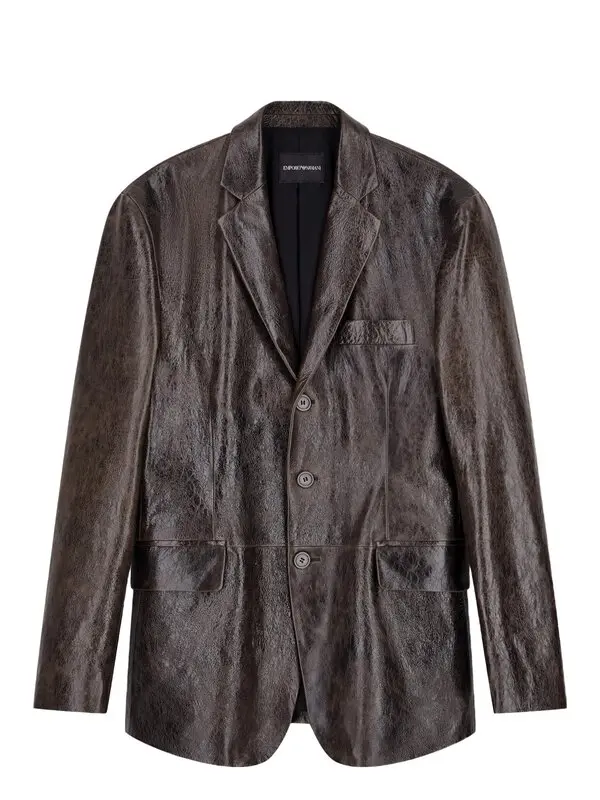 Emporio Armani Blazer In Shiny Drummed Leather With Logo Buttons - Brown