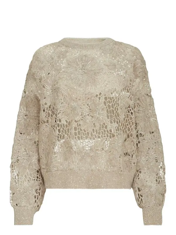 Brunello Cucinelli Whispering Bloom Embroidery Sweater In Sparkling Mohair And Wool - Sand