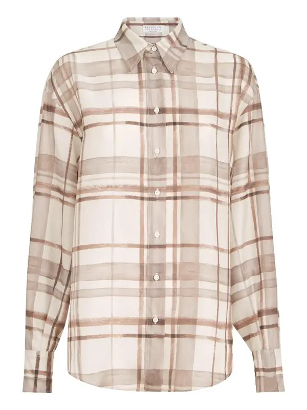 Brunello Cucinelli Silk Pongée Shirt In Macrocheck Print - Panama