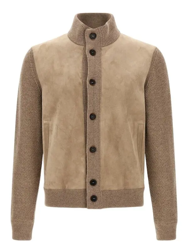 Zegna Suede Panel Buttoned Cardigan - Beige
