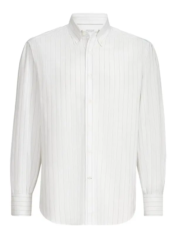 Brunello Cucinelli Cotton Textured Striped Chevron Shirt With Button-down Collar - White