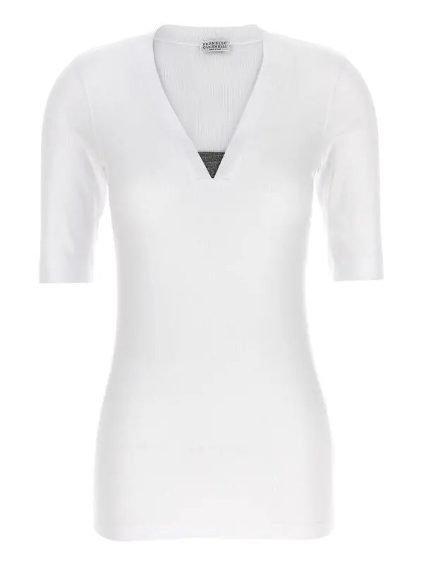 Brunello Cucinelli Deep V-neck Ribbed Top - White