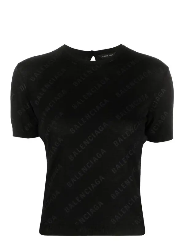 Balenciaga Mini Allover Logo Short Sleeve Crop Sweater - Black