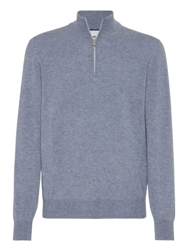 Brunello Cucinelli Funnel-neck Knitted Polo Shirt - Light Denim