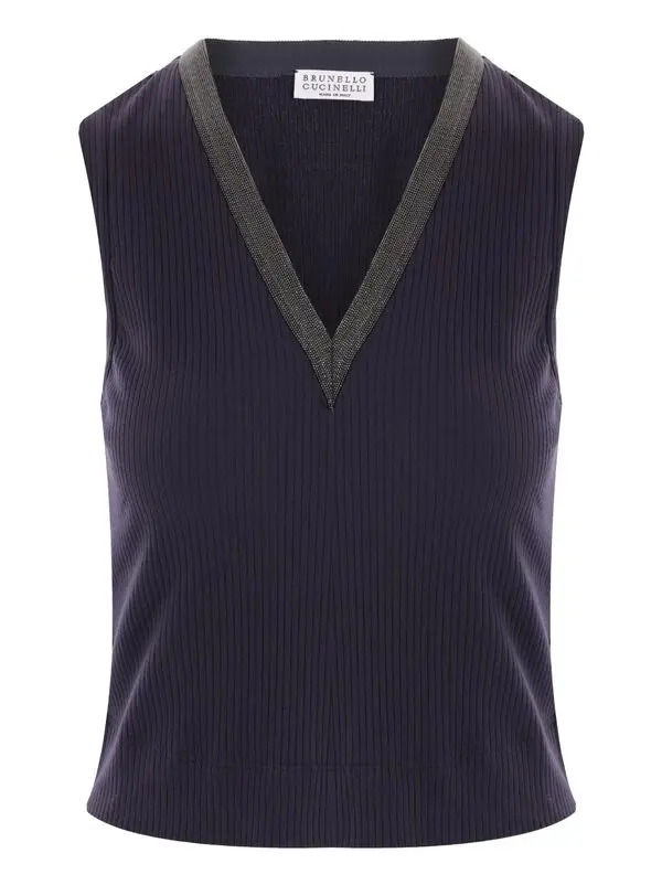Brunello Cucinelli V-neck Sleeveless Ribbed Top - Navy Blue