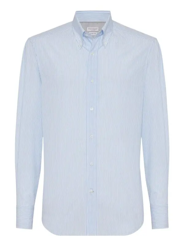 Brunello Cucinelli Pinstriped Long-sleeved Shirt - Sky-blue