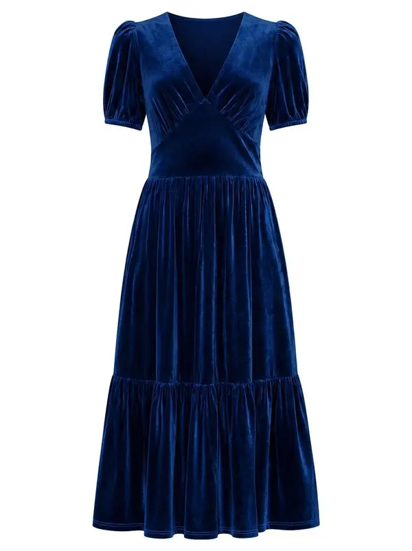 YUMI Teal Velvet Midi Dress - Blue