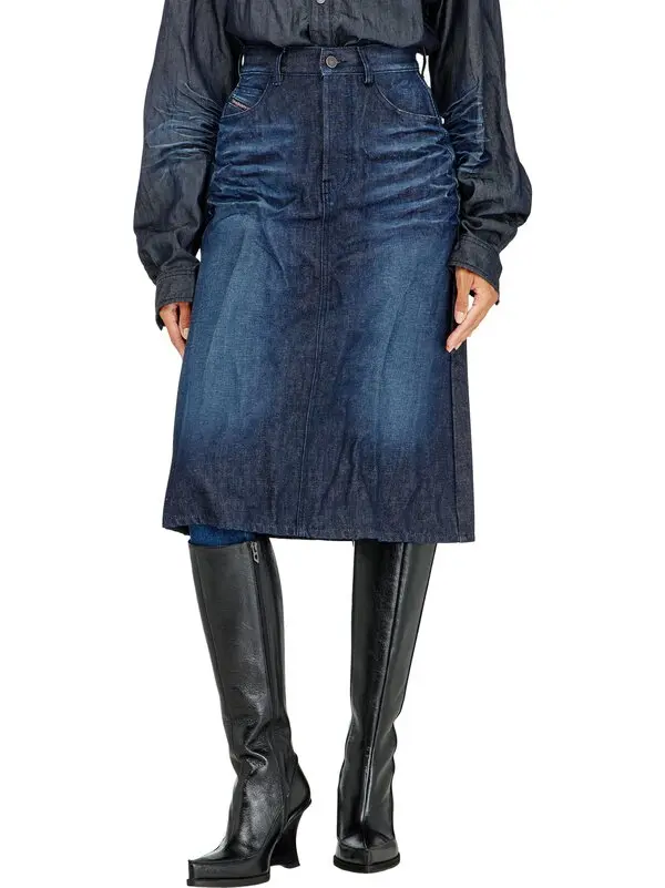 DIESEL® Midi Skirt In Creased Denim - Blue