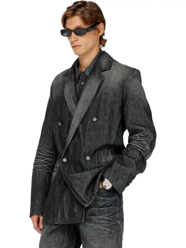 DIESEL® Double-breasted Blazer In Creased Denim - Black