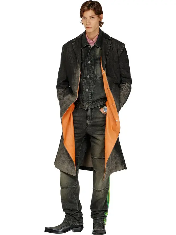 DIESEL® Long Coat In Dirty-effect Denim - Black