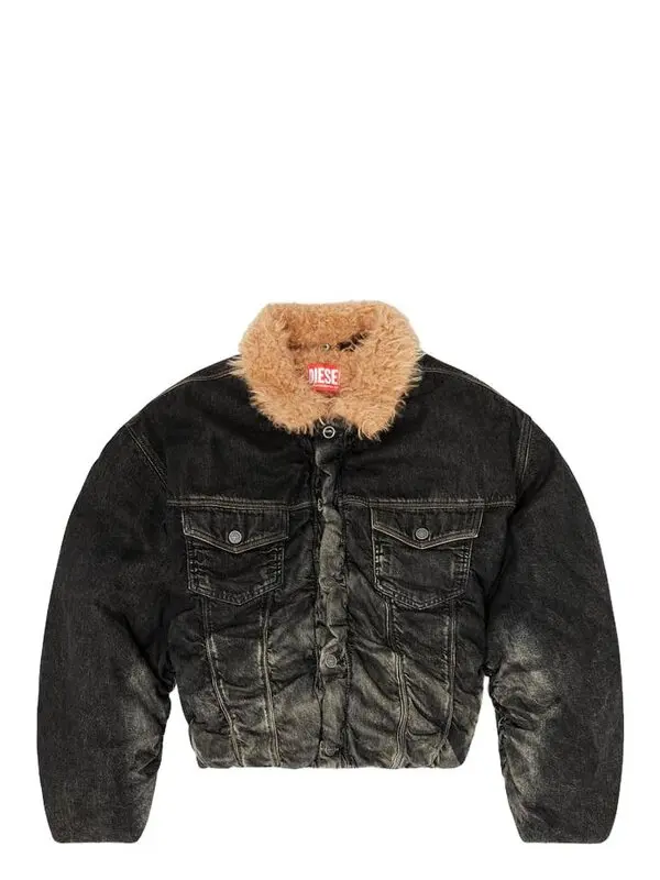 DIESEL® Teddy-lined Trucker Jacket In Dirty-effect Denim - Black