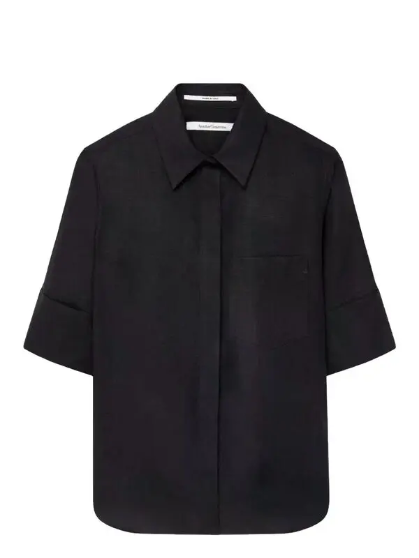 Another Tomorrow French-cuff Linen Blouse - Black