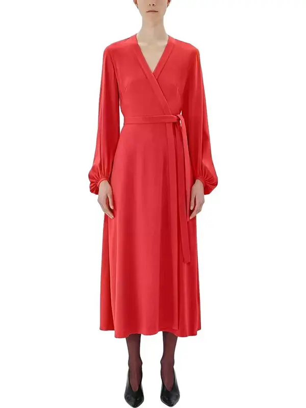 Another Tomorrow Cut-out Lantern-sleeve Wrap Dress - Red