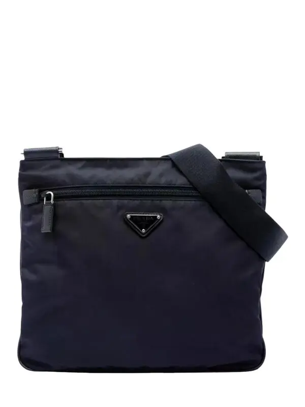 Prada 2013-2026 Saffiano Trimmed Tessuto Zip Top Crossbody Bag - Blue