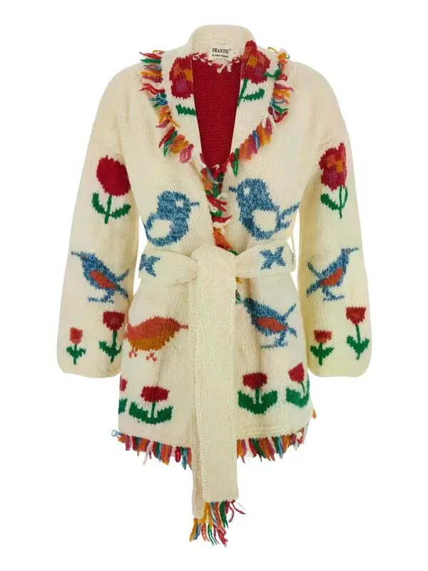 FRANTIC Fairybird Intarsia-knit Fringed Cardigan - Neutrals