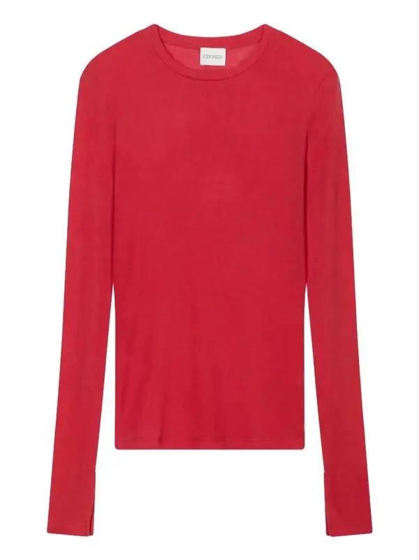 Closed Long-sleeve Slit-cuff T-shirt - Red