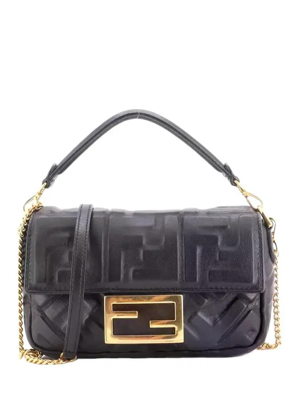 Fendi Baguette Nm Bag Zucca Embossed Leather Mini Crossbody Bag - Black