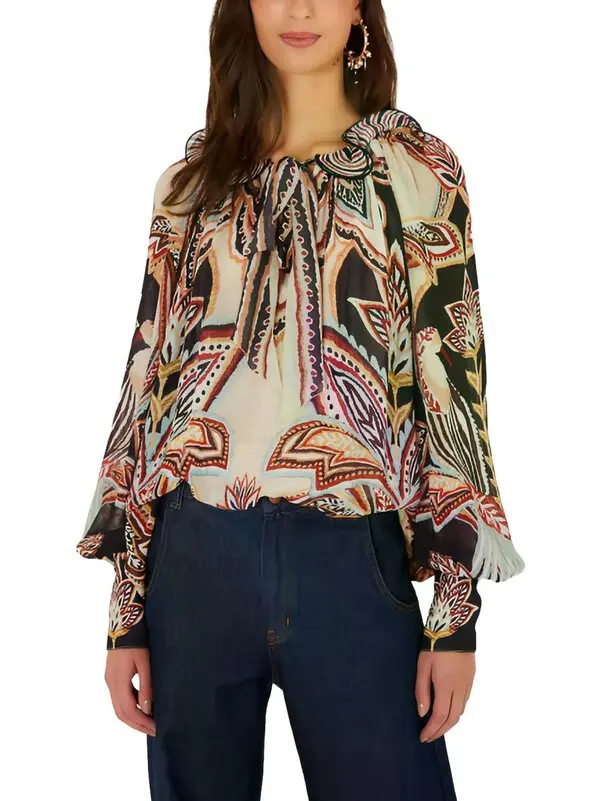 Farm Rio Tapestry Dream Ruffled Blouse - Neutrals