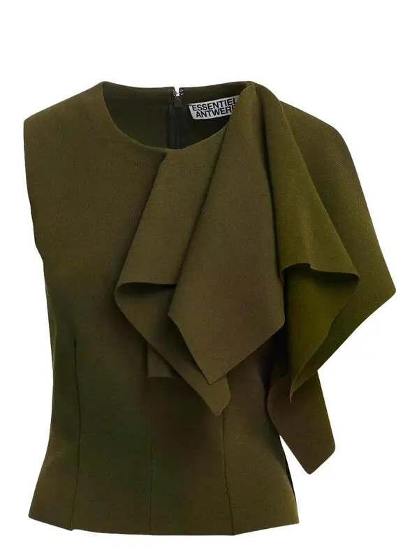 Essentiel Antwerp Know Ruffled Asymmetric-neckline Top - Green