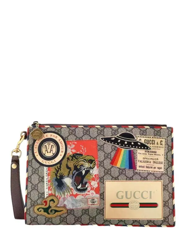 Gucci Courrier Pouch Gg Coated Canvas With Applique Clutch Bag - Brown