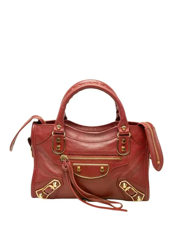 Balenciaga 2017 Mini Goatskin Motocross Classic Metallic Edge City Satchel - Red