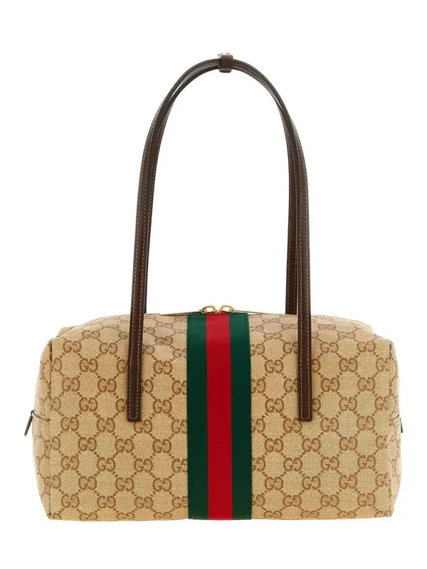 Gucci Gg Canvas Boston Shoulder Handbag With Two Top Handles, Maxi Web Strap, Zip Closure And Cm - Beige