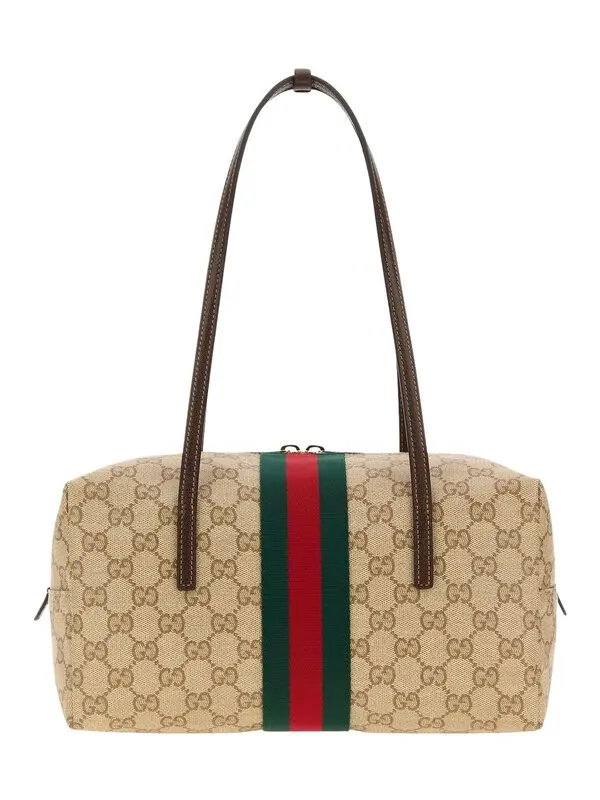 Gucci Gg Canvas Boston Shoulder Handbag With Two Top Handles, Maxi Web Strap, Zip Closure And Cm - Beige Ebony