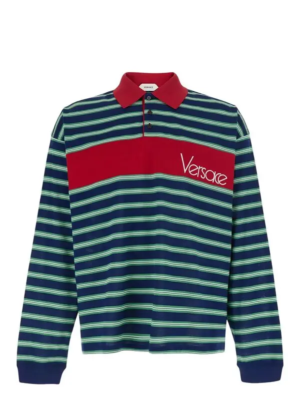 Versace Cotton Polo With Striped Motif And Logo Lettering - Blu