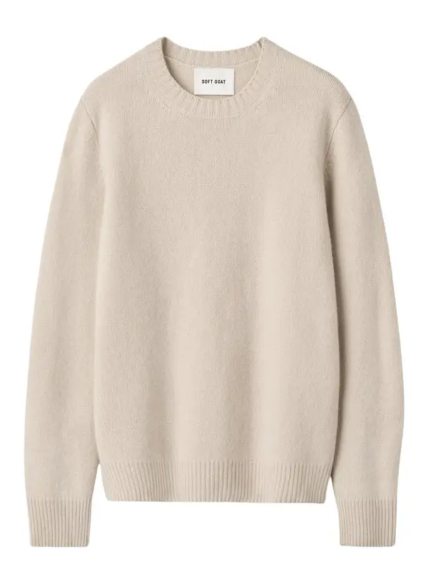 Soft Goat Cashmere Crew Neck Sweater With Ribbed Cuffs And Hem - Beige