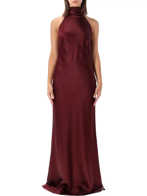 Ralph Lauren Satin Column Evening Dress With Self-tie Halter And Open Back - Bordeaux