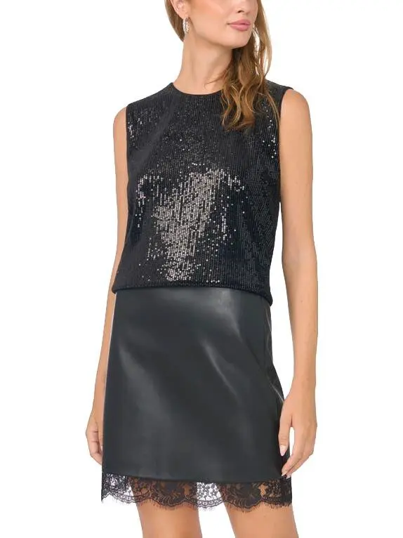 Vince Camuto Asymmetrical Neck Sequin Top - Rich Black