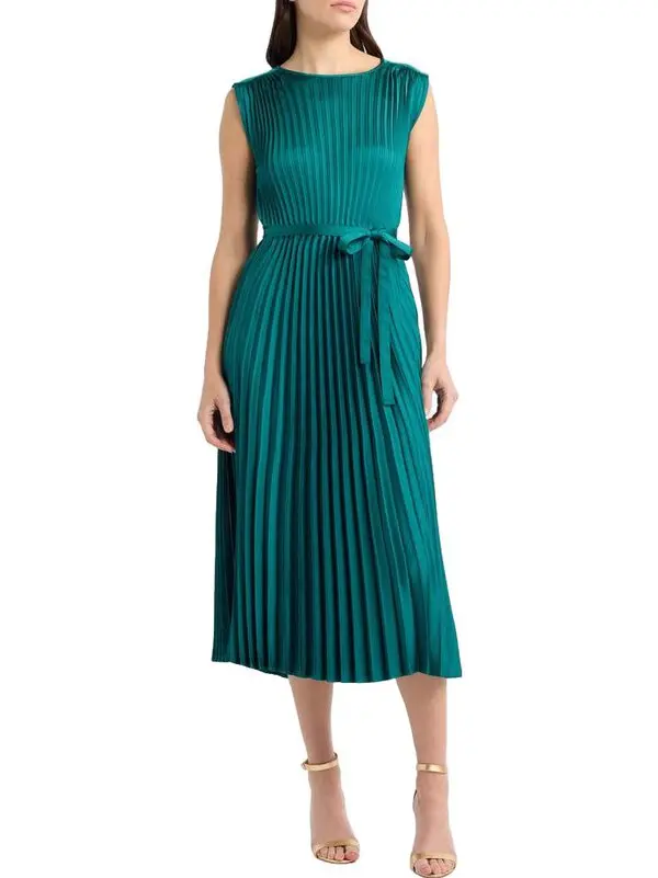 Anne Klein Sunburst Pleated Satin Midi Dress - Deep Jade