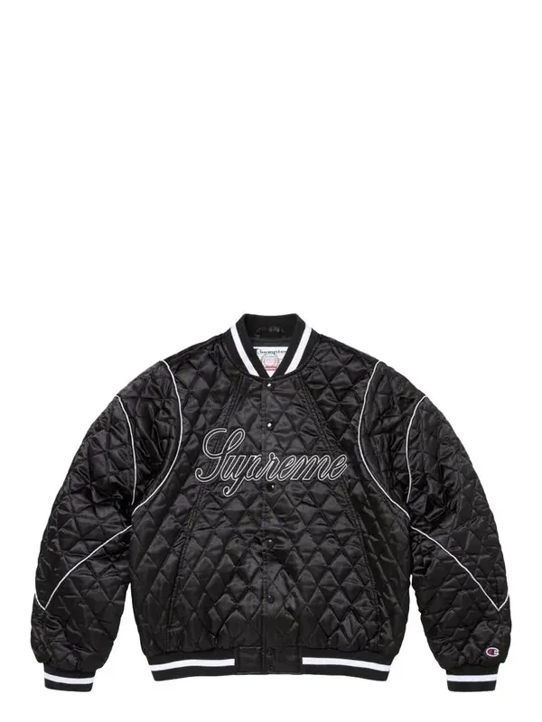 Supreme X Champion Fw26 Quilted Satin Varsity Jacket - Black