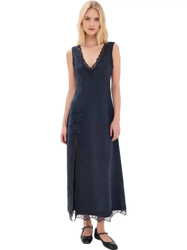 Moon River Lace Insert Midi Dress - Blue