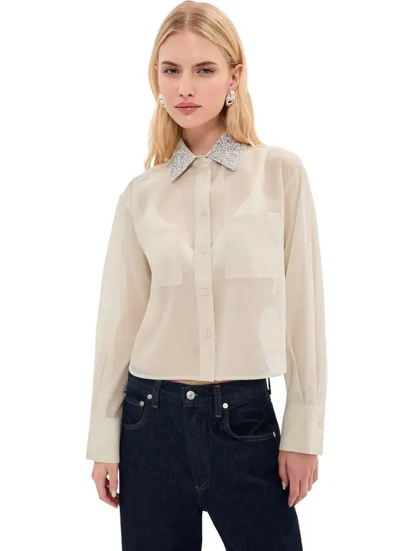 LE BOP Organza Cropped Buttondown With Embellished Collar - Ivory