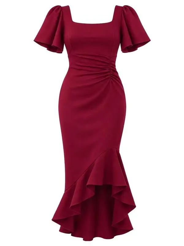 GIRL IN MIND Leona Square Neck Frill Midi Dress Wine - Red