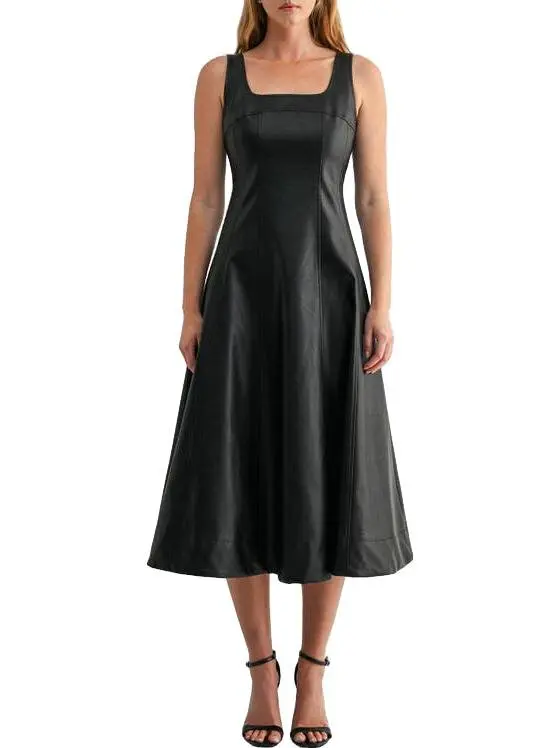 QUINCY MAE Faux Leather A-line Midi Dress - Black