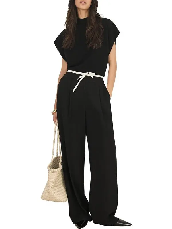 Mint Velvet Contrast Waist Wide Leg Trousers - Black
