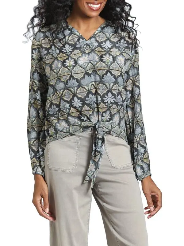 APNY Tie Front V-neck Top - Sage/peweter Multi