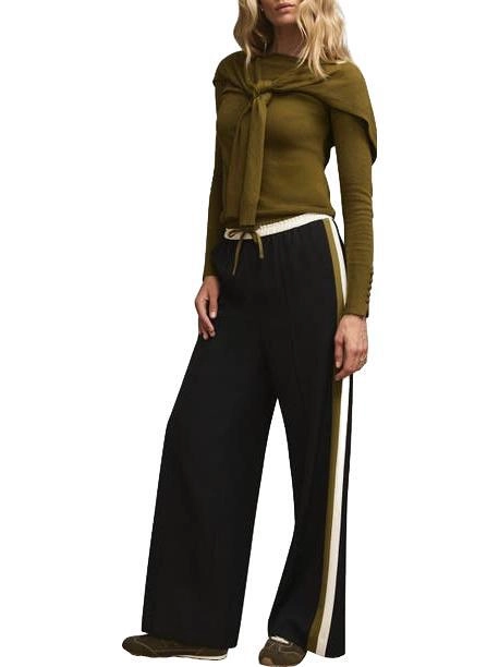 Mint Velvet Side Stripe Tie Waist Wide Trousers - Black