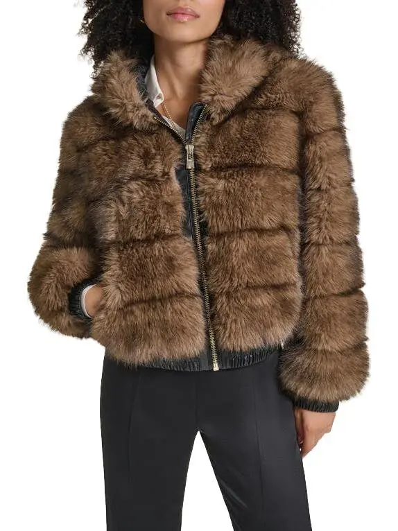 Karl Lagerfeld Paris Hooded Grooved Faux Fur Jacket - Brown Multi