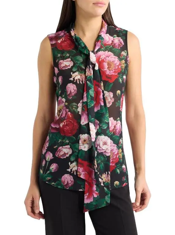 TAHARI ASL Floral Tie Neck Chiffon Top - Black Mult