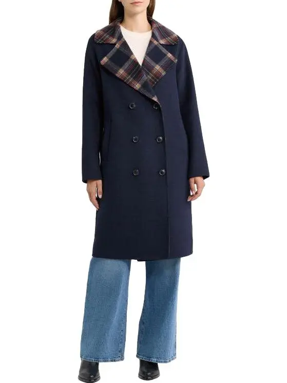 Bernardo Funnel Collar Coat - Navy/plaid