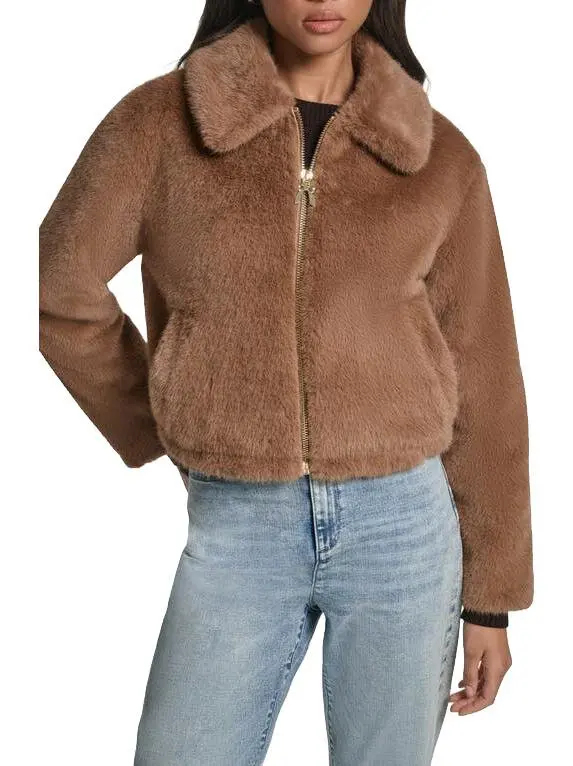 Karl Lagerfeld Paris Bow Puller Faux Fur Jacket - Camel
