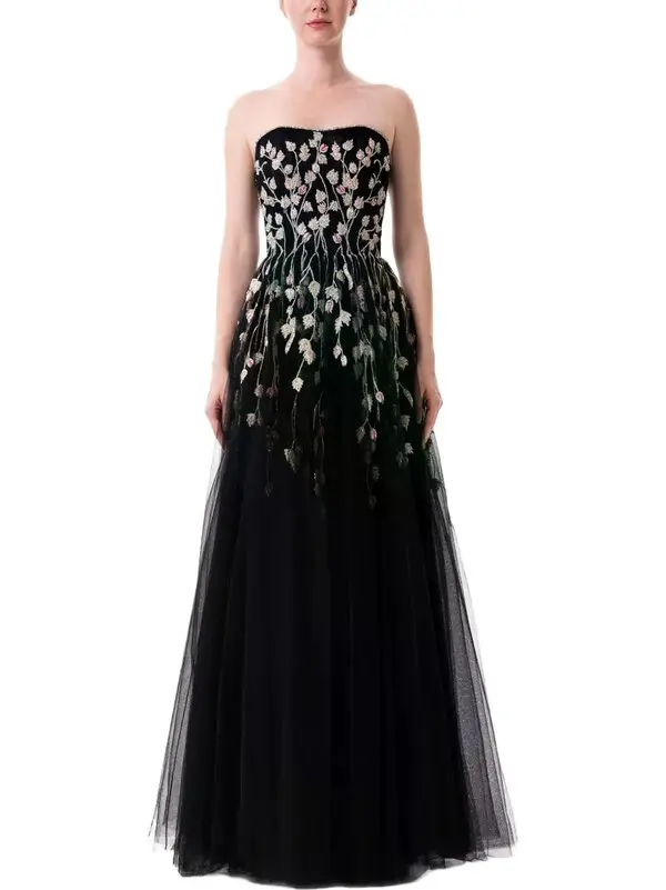 DINA MELWANI Floral-embroidered Strapless Maxi Dress - Black