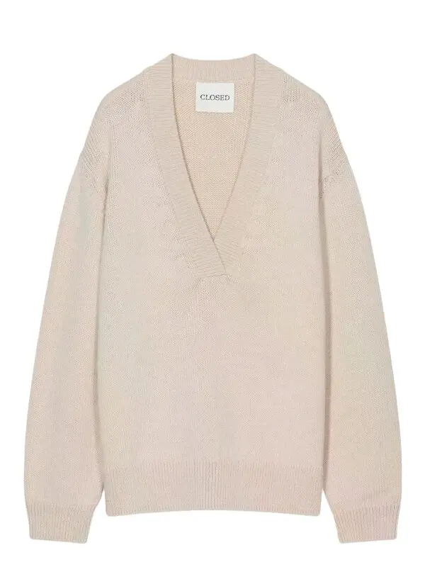 Closed V-neck Long-sleeve Sweater - Neutrals