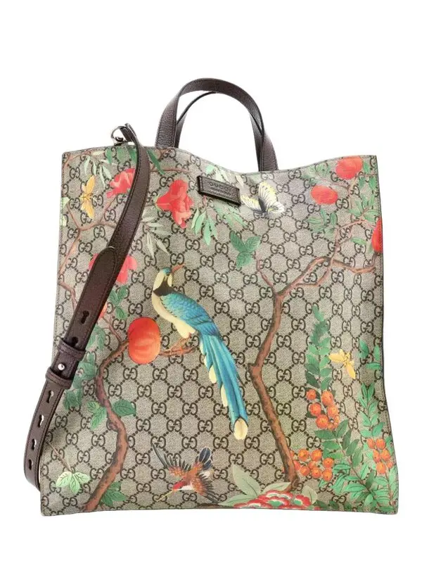 Gucci Convertible Soft Open Tote Tian Print Gg Coated Canvas Tall Satchel - Brown